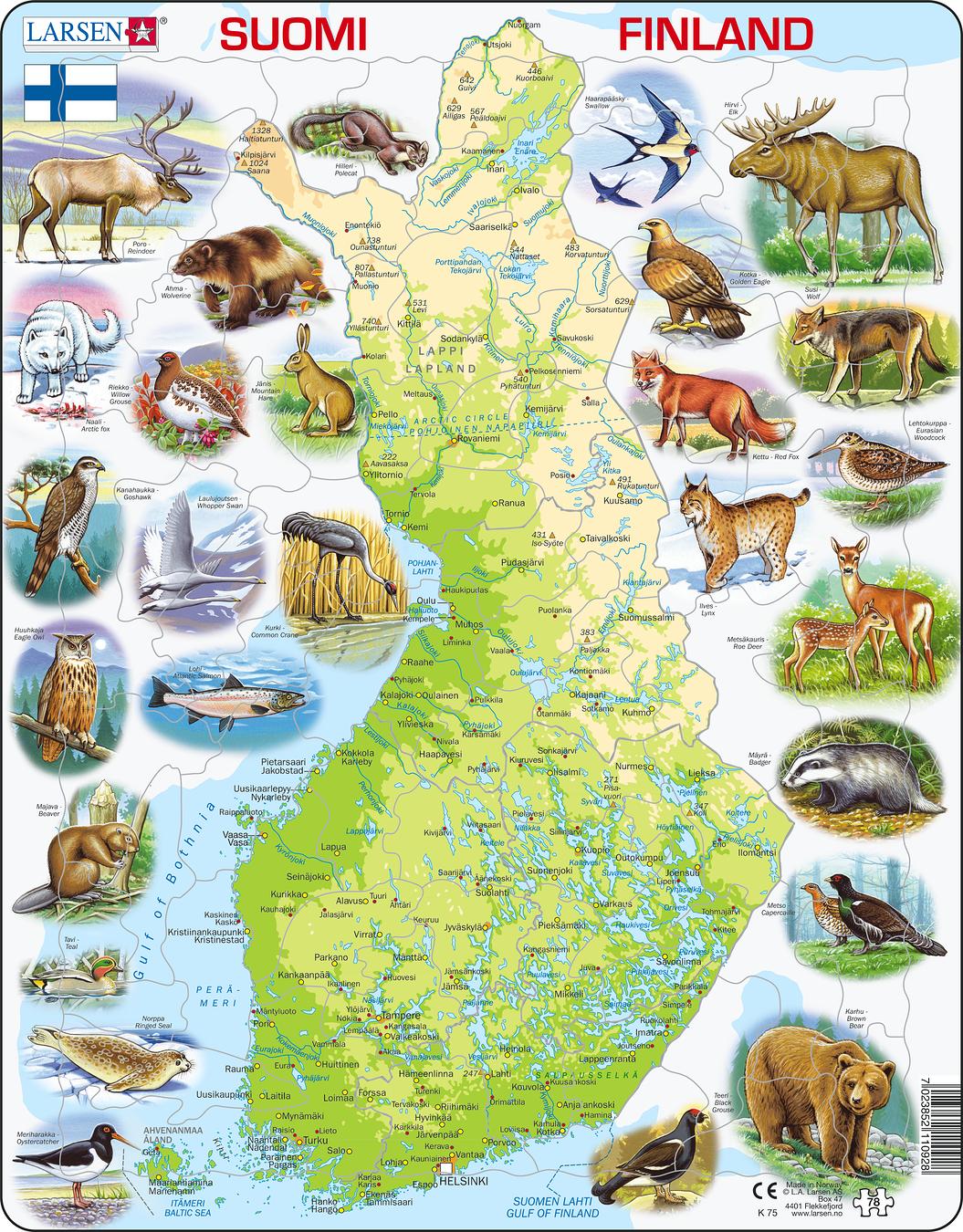 K75 - Finland Physical Map With Animals :: Puzzles :: Larsen Puzzles